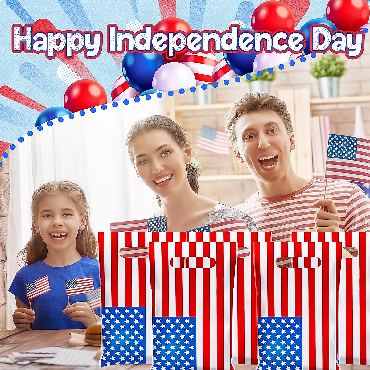 Chivertion 100 Pieces Patriotic Plastic Gift Bags Bulk American Flag Veterans Day Goodies Bags Red White and Blue Party Favors Bags Treat Bags for Labor Day Party Decoration