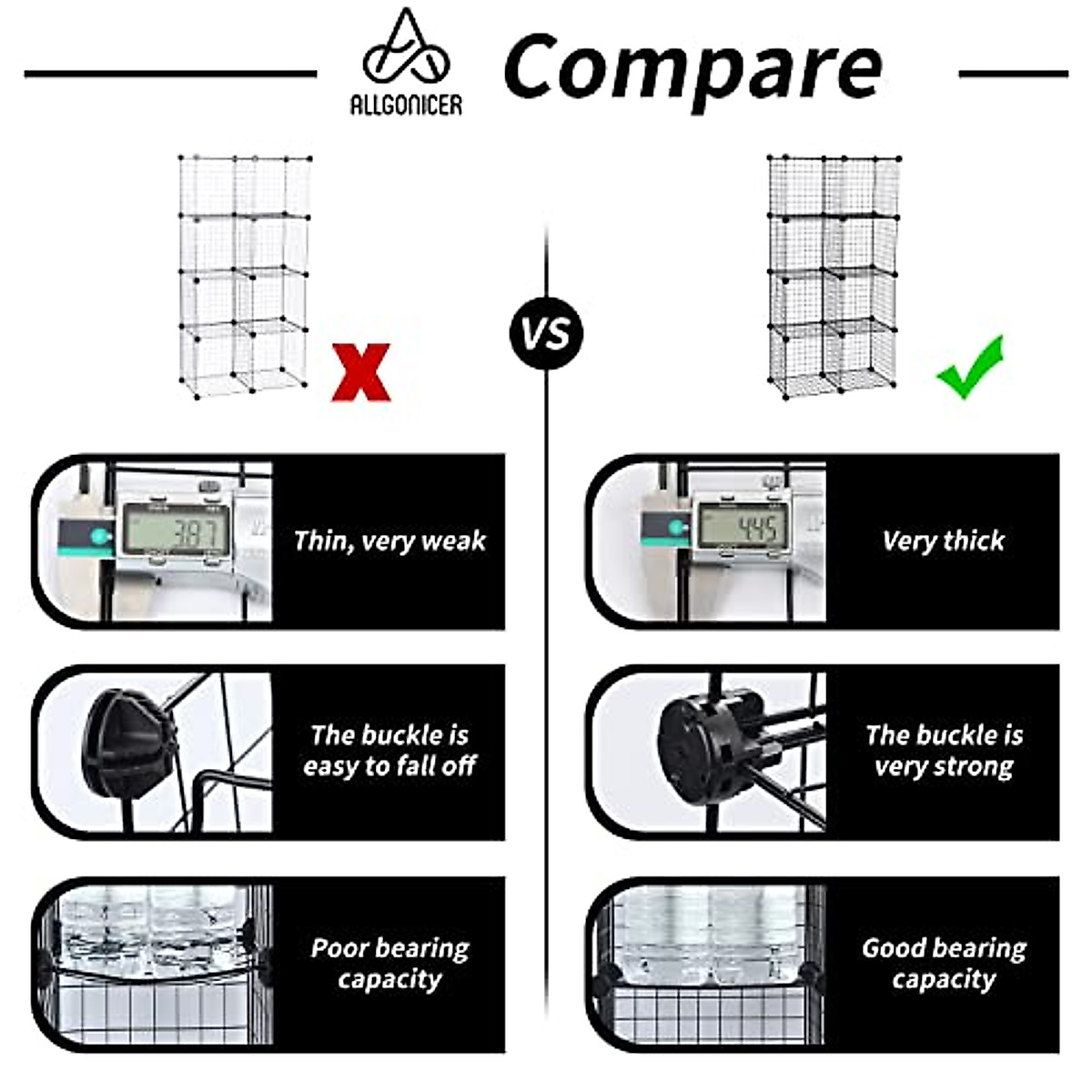 14"x14" Wire Grid Shelf Cubes, Patented Design, Sturdy and Long Last, Floor-Stand or Wall-Hang, Easy DIY Assembly (Black, 8Cubes)