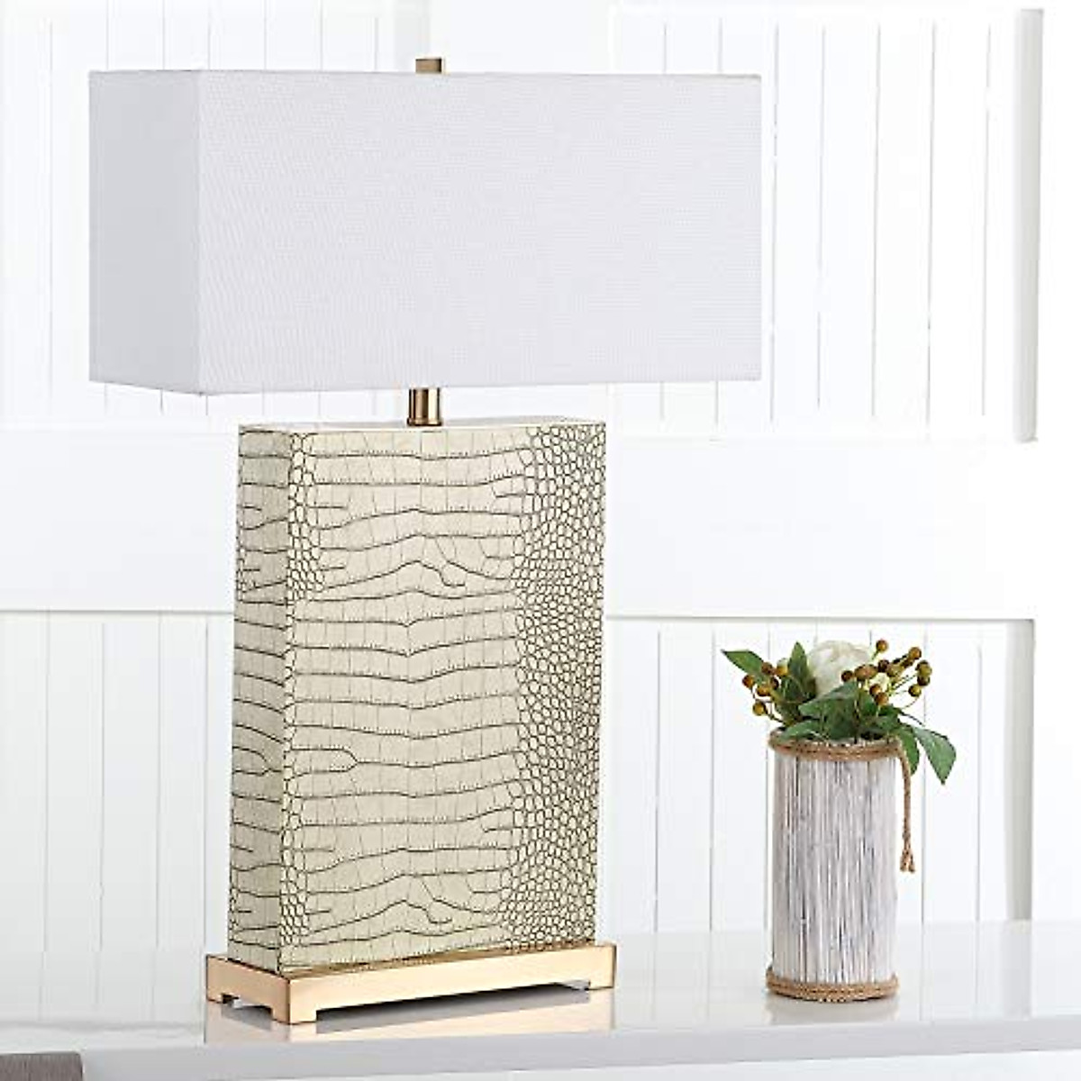 SAFAVIEH Lighting Collection Joyce Modern Art Deco Cream Faux Snakeskin Rectangle Shade 28-inch Bedroom Living Room Home Office Desk Nightstand Table Lamp Set of 2 (LED Bulbs Included)