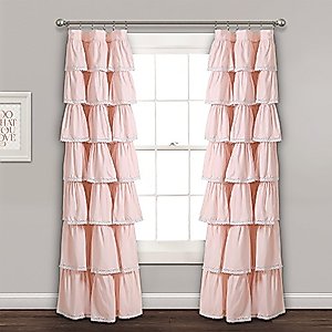 Lush Decor Lace Ruffle Curtain | Shabby Chic Farmhouse Style Window Panel for Living Room, Dining Room, Bedroom (Single), 84” x 52”, Blush