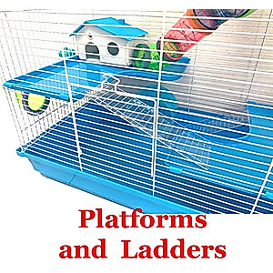 Large 3-Levels Dwarf Hamster Expandable and Customizable Habitat House Cage for Rodent Gerbil Mouse Mice Rat with Crossover Tube Tunnel (24" L x 12.5W x 16" H, Blue)