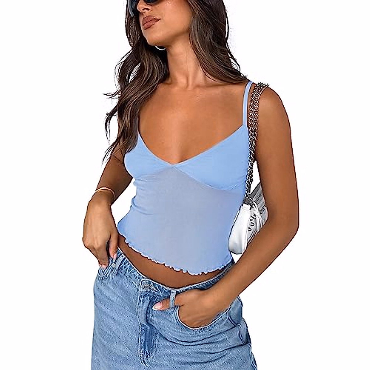 REORIA Women's Summer Sexy V Neck Sleeveless Adjustable Spaghetti Strap Sheer Mesh See Through Going Out Trendy Cami Camisole Y2k Crop Tops Sky Blue X-Small