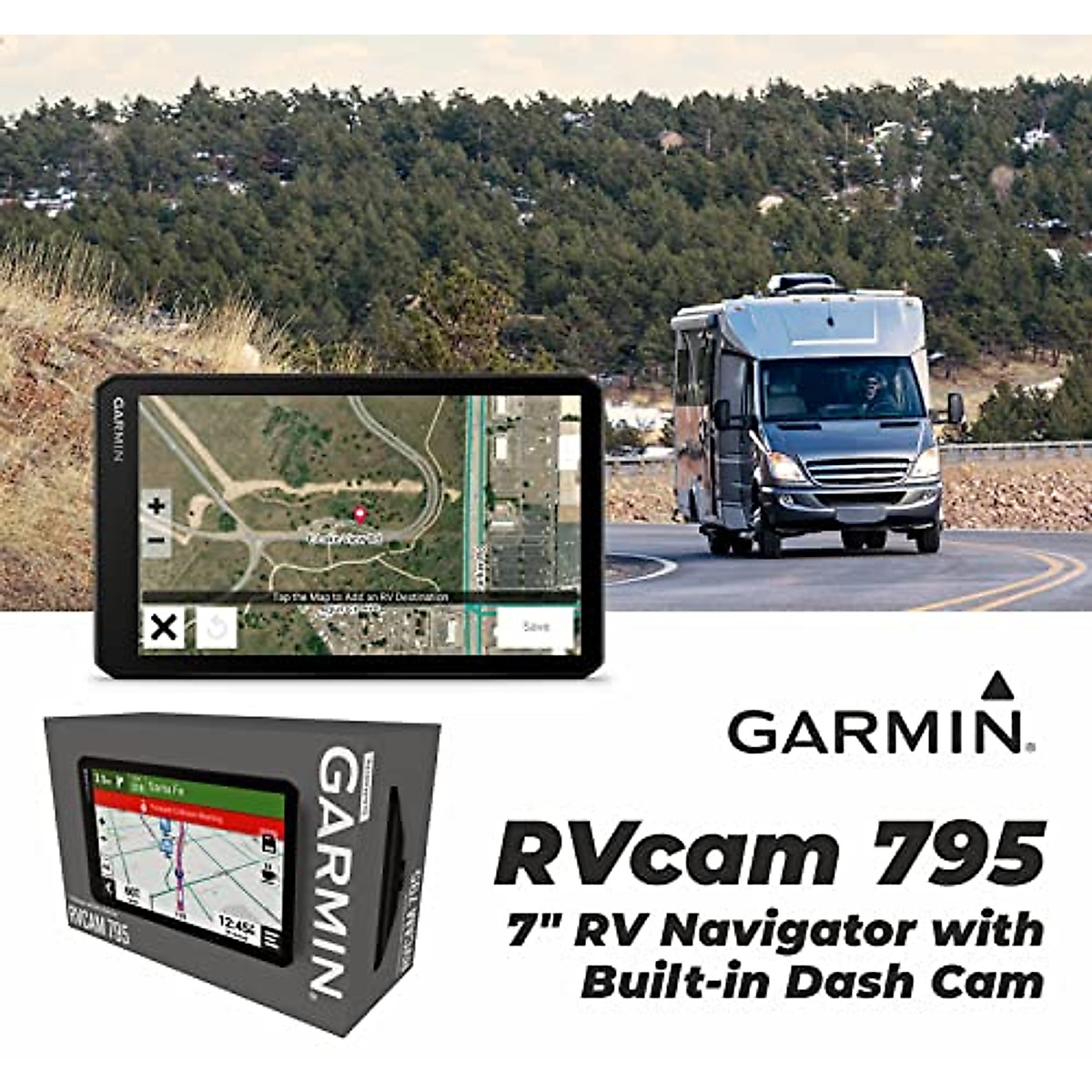 Garmin RV Cam 795, Large, Easy-to-Read 7” GPS RV Navigator, Built-in Dash Cam, Automatic Incident Detection, Custom RV Routing with Wearable4U Power Pack Bundle