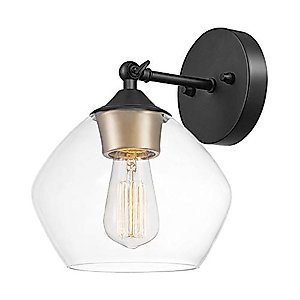 Globe Electric 51367 1-Light Wall Sconce, Matte Black, Gold Accent Socket, Clear Glass Shade, Wall Lighting, Wall Lamp Dimmable, Wall Lights for Bedroom, Kitchen Sconces Wall Lighting, Home Décor