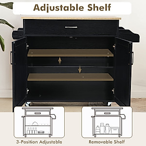 COSTWAY Kitchen Island Cart, Rolling Storage Trolley Cart with Lockable Rubber Wheels, Large Cabinet, Drawer, Spice Rack and Towel Rack, Kitchen Serving Utility, 3-Position Adjustable Shelf (Black)
