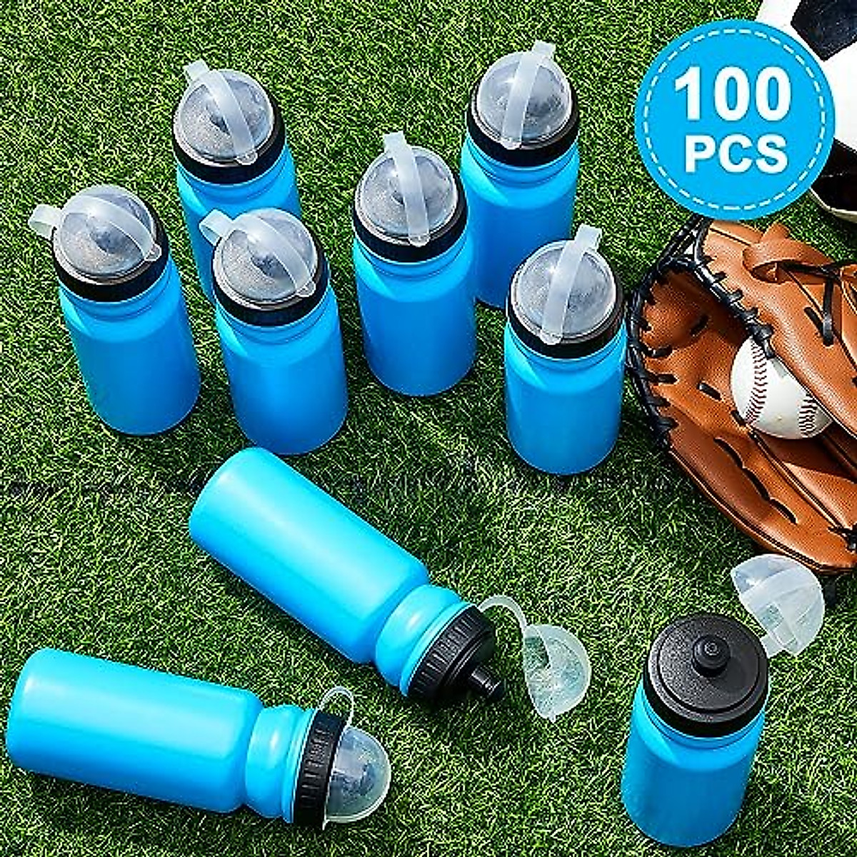 Mumufy 50 Pcs Sports Water Bottles Bulk 20 oz Plastic Water Bottles Reusable Mountain Bike Water Bottle Leakproof Blank Water Bottles for Sporting Events Boys Girls Adults (Light Blue)