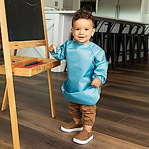 Tiny Twinkle Mess Proof Baby Bib, 2 Pack Long Sleeve Bib Outfit, Waterproof Bibs for Toddlers, Machine Washable, Tug Proof (Slate Olive, Small 6-24 Months)