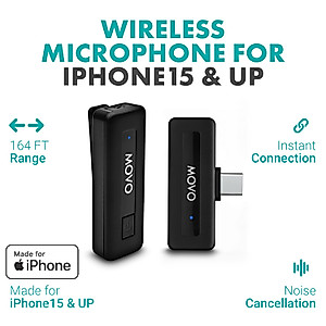 Movo Wireless Mini USB-C Wireless Microphone for iPhone 15 - iPhone 15 Microphone Compatible with iPhone 15 Pro Max - 10HR Battery Life, 164ft Range