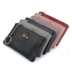 Women Genuine Leather Coin Purse Zip Cute Bee Pouch Change Wallet with Keychain, navy