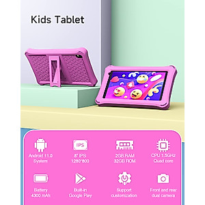 Kids Tablet, 8 inch Tablet for Kids, 2GB RAM 32GB ROM Android Tablets IPS Screen 1280x800, Iwawa & Parent Control Toddler Tablet, WiFi, Dual Camera, 4300mAh Battery, Shockproof Case, Pink