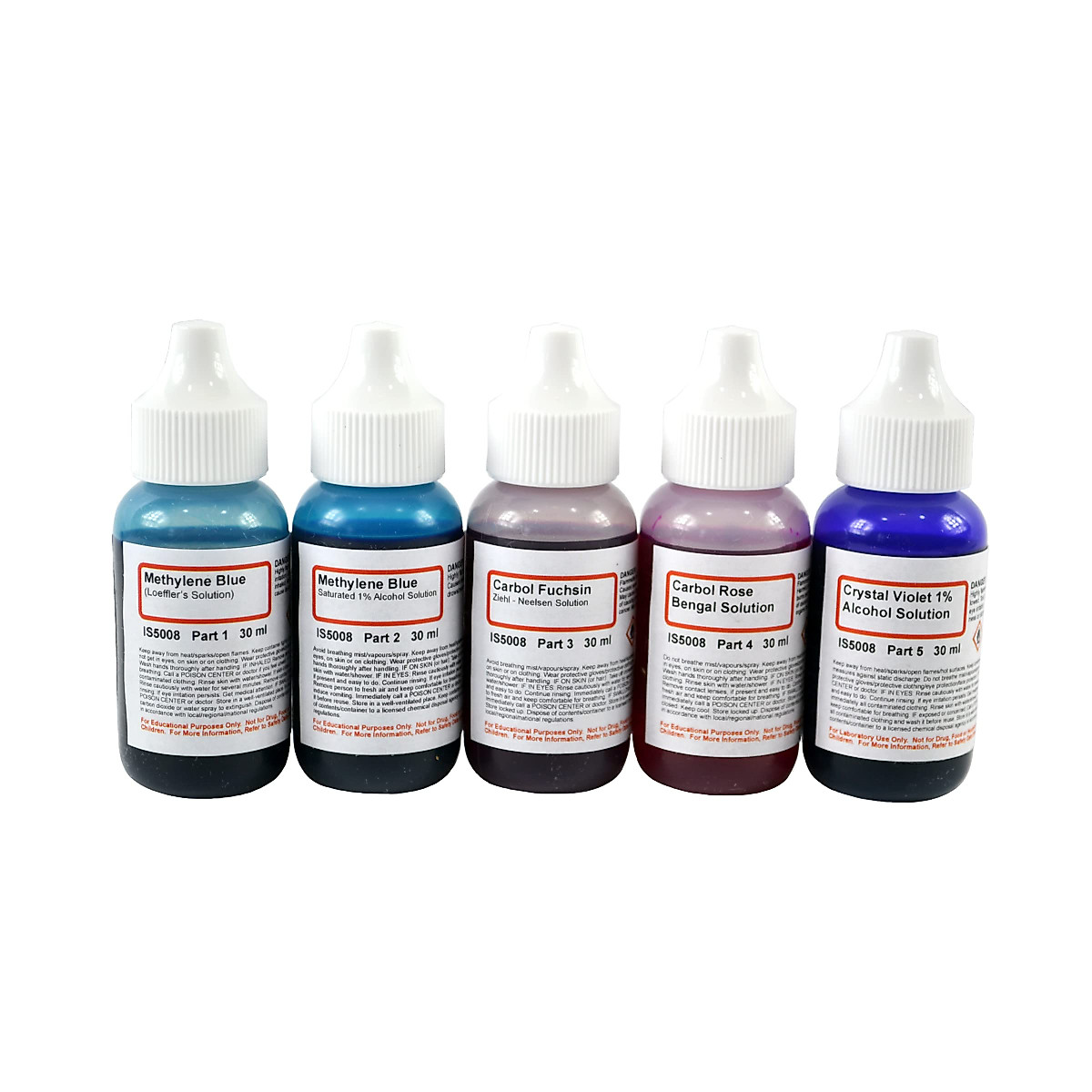 Innovating Science Bacteria Stain Set - 5 Microscope Slide Stains in 30mL Dropper Bottles: Methylene Blue (2), Carbol Fuchsin, Carbol Rose Bengal, Crystal Violate