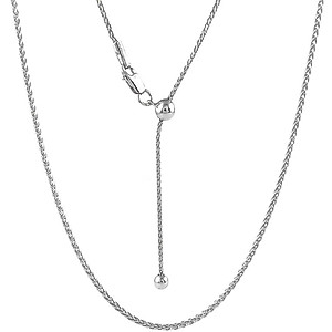 Savlano 925 Sterling Silver Italian Solid 1.2MM Diamond Cut Square Wheat Fox Tail Spiga Adjustable Bolo 14-24 Inch Chain Necklace For Women - Made in Italy Comes With a Gift Box (White)