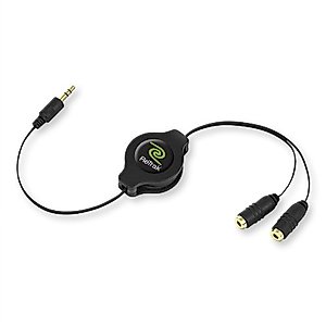 ReTrak Retractable Headphone Splitter, Black (ETCABLESPLBLK)