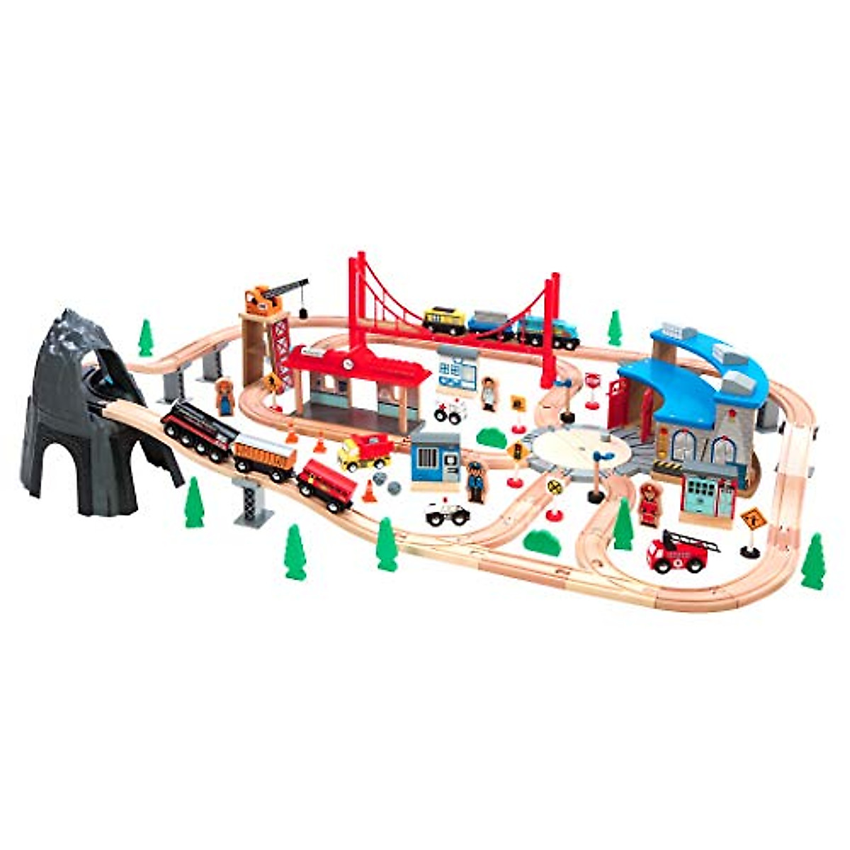 Maxim 100 pc Mountain Wooden Train Set with Roundhouse for Toddler with Double-Side Train Tracks Fits Brio, Thomas, Melissa and Doug, Kids Wood Toy Train for 3,4,5 Year Old Boys and Girls
