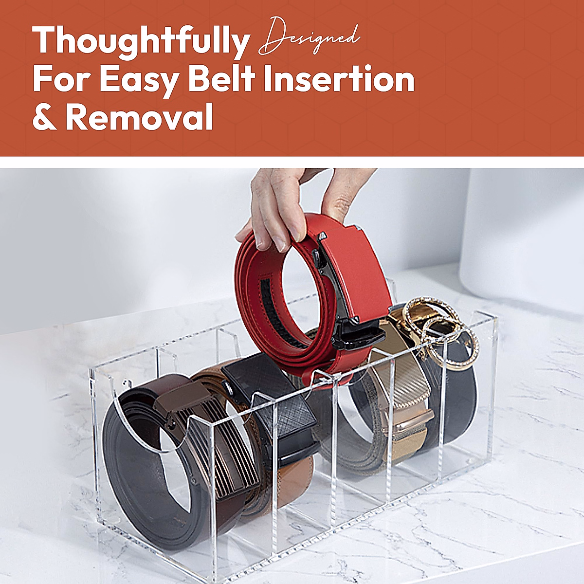 PROKTIK Acrylic Belt Organizer - 5 grid Belt Holder – Wall Mount Belt Storage – Tie and Belt Organizer for Closet and Drawer – Belt Display - Organizer for Belts, Ties, Watches, Cosmetics, Underwear