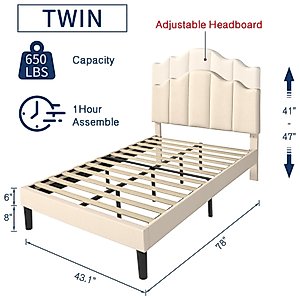 VECELO Twin Size Upholstered Platform Bed Frame with Adjustable Headboard, Wood Slat Support and Noise-Free, No Box Spring Needed, Easy Assembly, Pale Beige