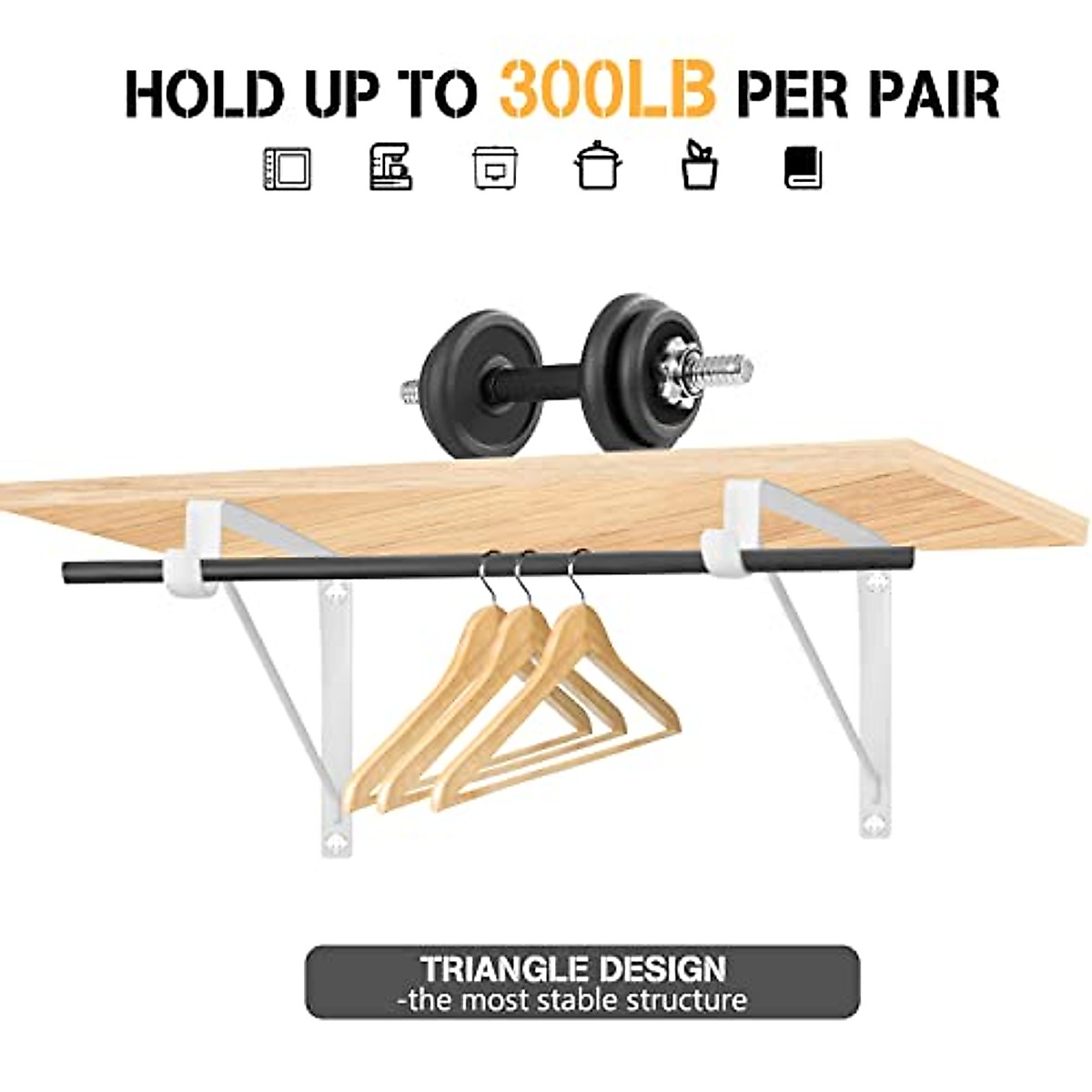 4Pack Closet Shelf Brackets, Heavy Duty Closet Rod & Shelf Brackets, 11 Inch Closet Brackets with Rod Holder, Hanger Pole Support Bracket for Clothes, Wall Mount Closet Rod Brackets with Screws-White