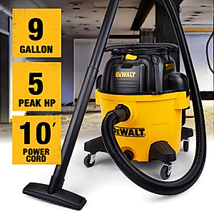 DEWALT 9 Gallon Wet/Dry Vac, 5HP Heavy-Duty Shop Vacuum, Wet/Dry Suction Blow Function 3 in 1, DXV09P
