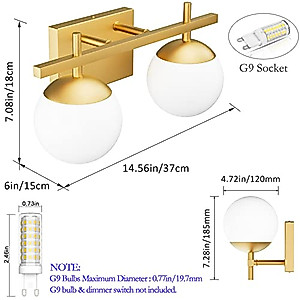 Ralbay Mid Century Modern Gold Vanity Light 2-Light Mid Century Modern Bathroom Light Fixture Gold Milky Glass Ball Bathroom Wall Light Fixtures