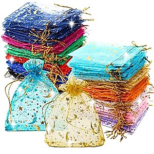 Zhengmy 300 Pcs Moon Star Organza Bags, 3.5 x 4.7 Inch Sheer Organza Jewelry Candy Bags Bulk Small Drawstring Bags Assorted Colors Mesh Gift Wrap Bags for Christmas Birthday Wedding Festival