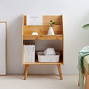 AbocoFur Bamboo Floor Book and Magazine Display Shelf, 20.67"(L) x10.63(W) x30.71(H), Multifunction Free Standing Organizer Storage Rack, Small Bookcase for Home, Office, Burlywood