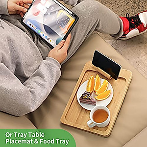 GEHE Bamboo Couch Arm Table for Wide Couches Arm, Foldable Sofa Arm Tray Clip Table with 360° Rotating Phone Holder, Portable Couch Arm Tray/Armrest Tray for Eating and Drink Tray Table