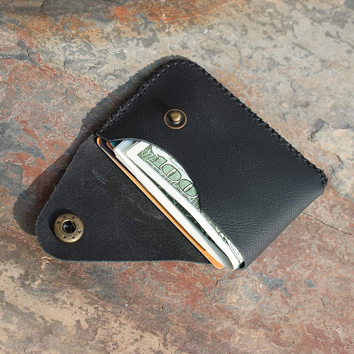 Black Hand-sewn front pocket card organizer wallet Minimalist Genuine Leather Card Case Wallet Small
