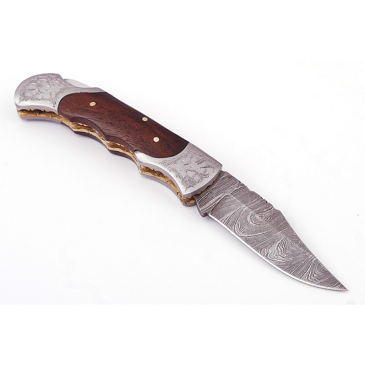 Handmade Damascus Steel Pocket Knife - Damascus Folding Knife - Pocket Knife for Men, EDC gift Knife & Damascus Blade Hunting Skinning Knife with Back Lock & Rose Wood Handle with Leather Knife Sheath