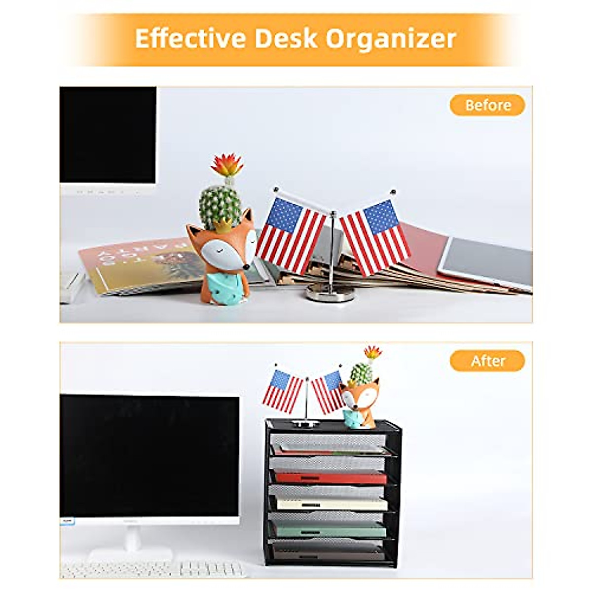 Veesun Paper Letter Tray Organizer, Mesh Desk File Organizer with 6 Tier Shelf Sorter, Black Desktop Organizer