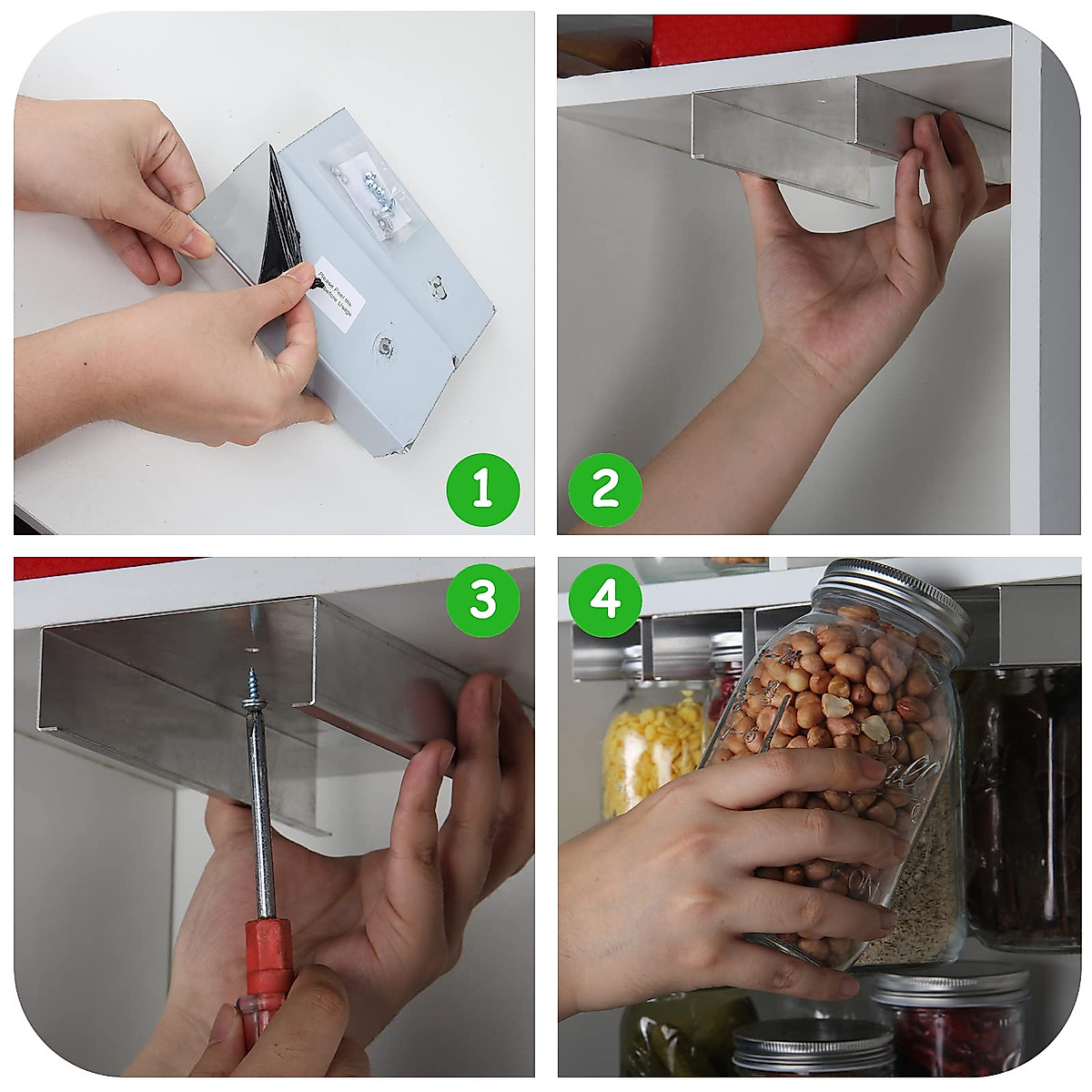 lopeztek Mason Jar Organizer Holder Rack for Food Storage, Under Cabinet Shelf Canning Hanger Accessories for 4oz, 8oz, 12oz, 16oz, 24oz, 32oz, 64oz (2 Pcs-Regular)