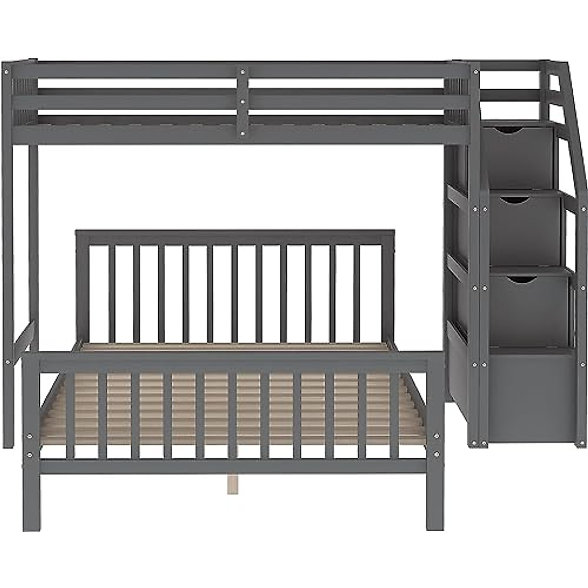 Harper & Bright Designs Twin Over Full Bunk Beds with Storage Stairs, Wooden Stairway Bunk Beds with Removable Bottom Bed and Guardrails for Kids Girls Boys,No Box Spring Needed (Grey)