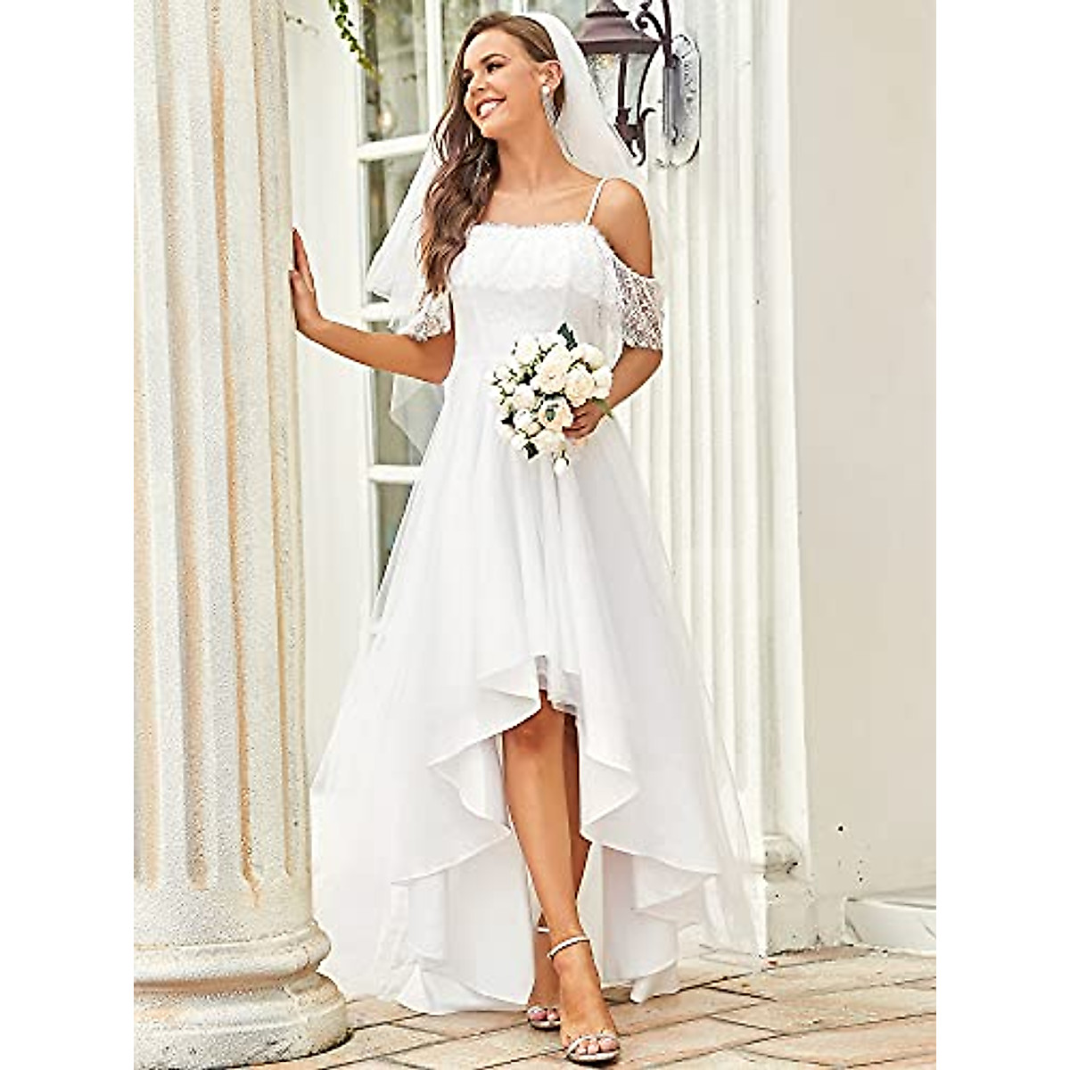 Ever-Pretty Womens Lace Spaghetti Straps Off Shoulder High Low Floor Length Wedding Dress for Bride White US12