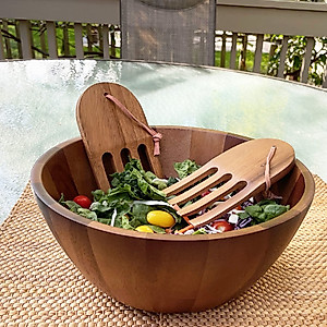Acacia Wood Salad Serving Bowl 12” with Salad Hands 3 Piece Set by Woodard & Charles