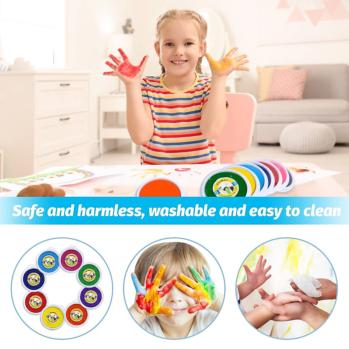 GooMart Washable Large Ink Pads for Rubber Stamps Kids (8 colors)