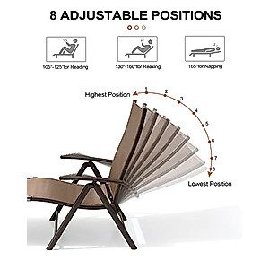 Crestlive Products Folding Patio Chaise Lounge Chair for Outside Aluminum Adjustable Outdoor Pool Recliner Chair, Brown Frame, 8 Positions (2PCS Brown Lounge Chair with 1PC Table)