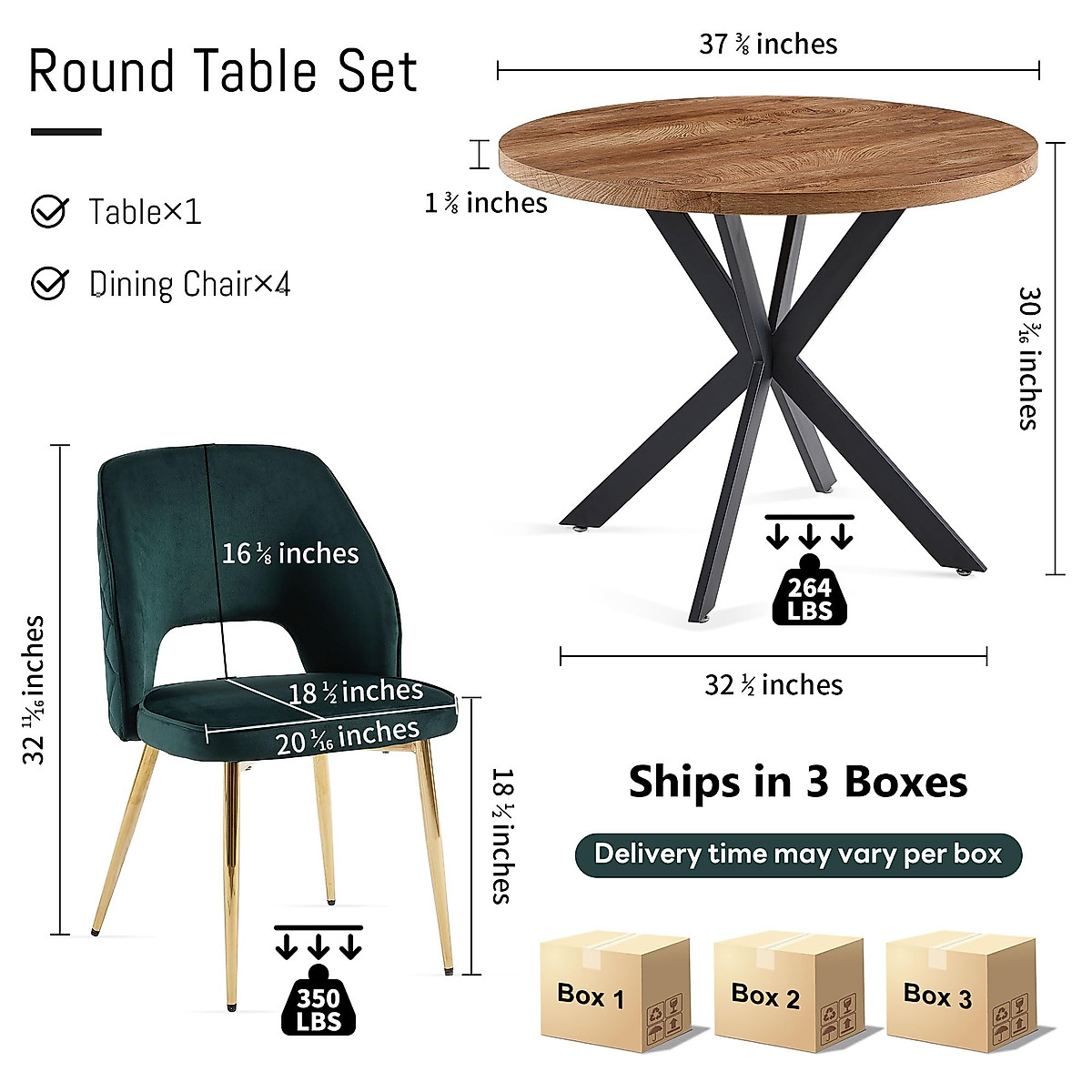 NORDICANA 5-Pieces 37-Inch Dining Table Set for 4 - Space Saving Round Table and Chairs with 4 Seaters Velvet Upholstered Chairs for Kitchen, Apartment (Forest Green)