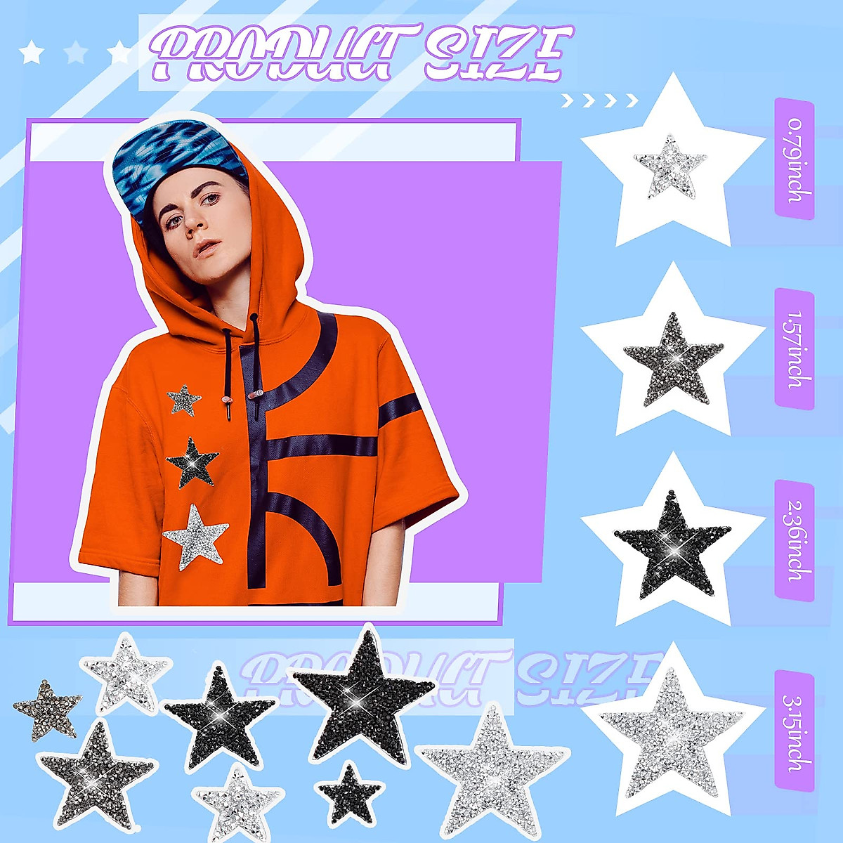 Geosar 60 Pcs Iron on Star Patches Star Shape Rhinestone Appliques Adhesive Glitter Star Patches Rhinestone Appliques Embellishments Patches for DIY (Black, Gray,Mixed Size)