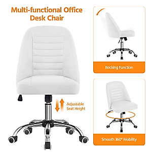Yaheetech PU Leather Armless Office Chair, Mid Back Desk Chair, Computer Task Chair, Modern Vanity Chair with Rolling Wheels, Metal Base White