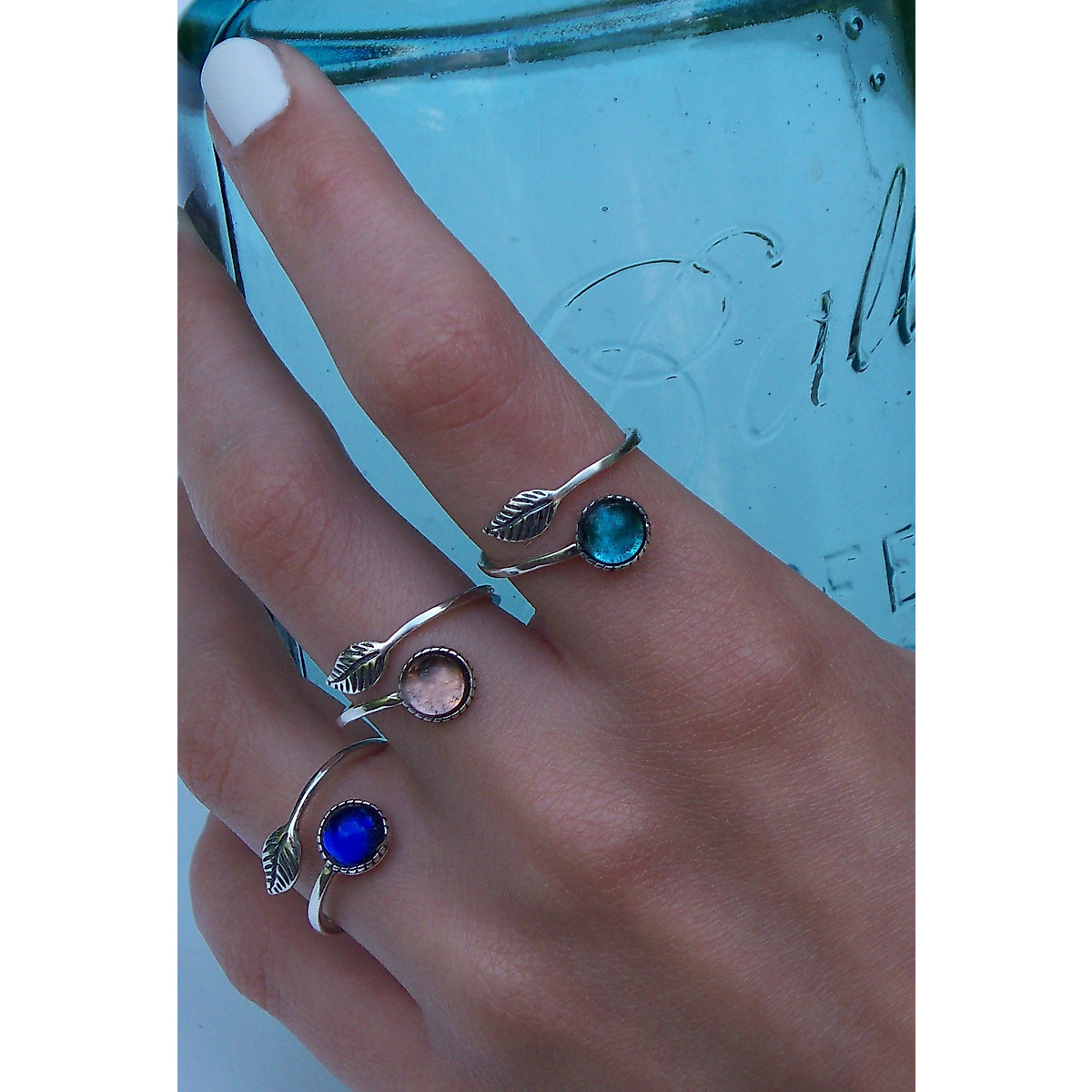 Bottled Up Designs Handmade Vintage Leaf Ring, Recycled Vintage Aqua Mason Jar, Sterling Silver, Eco Friendly, Made in USA, Birthday Gifts, Mothers Day, Women, Anniversary (Aqua)