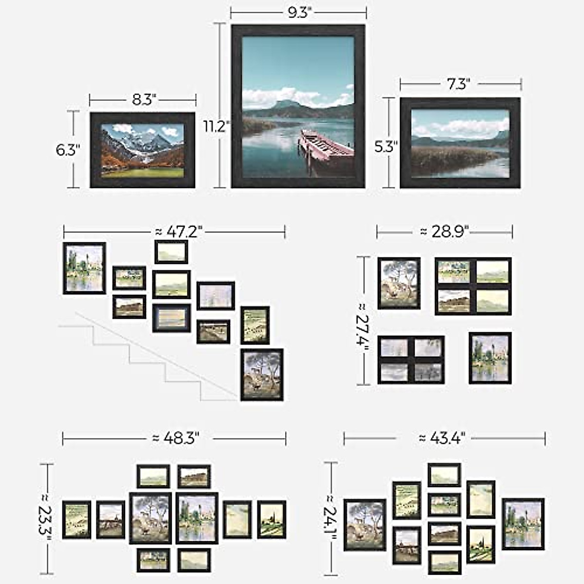 SONGMICS Picture Frames, 10 Pack Collage Picture Frames with Two 8x10, Four 5x7, Four 4x6, Photo Frame Set for Wall Gallery Decor, Hanging or Tabletop Display, Clear Glass Front, Black