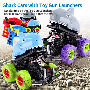 FiGoal Two Pack Shark Cars with Toy Gun Launchers Monster Toy Trucks, Friction Powered Toy Cars Vehicles for Boys and Toddlers Games Toys Gifts for Birthday