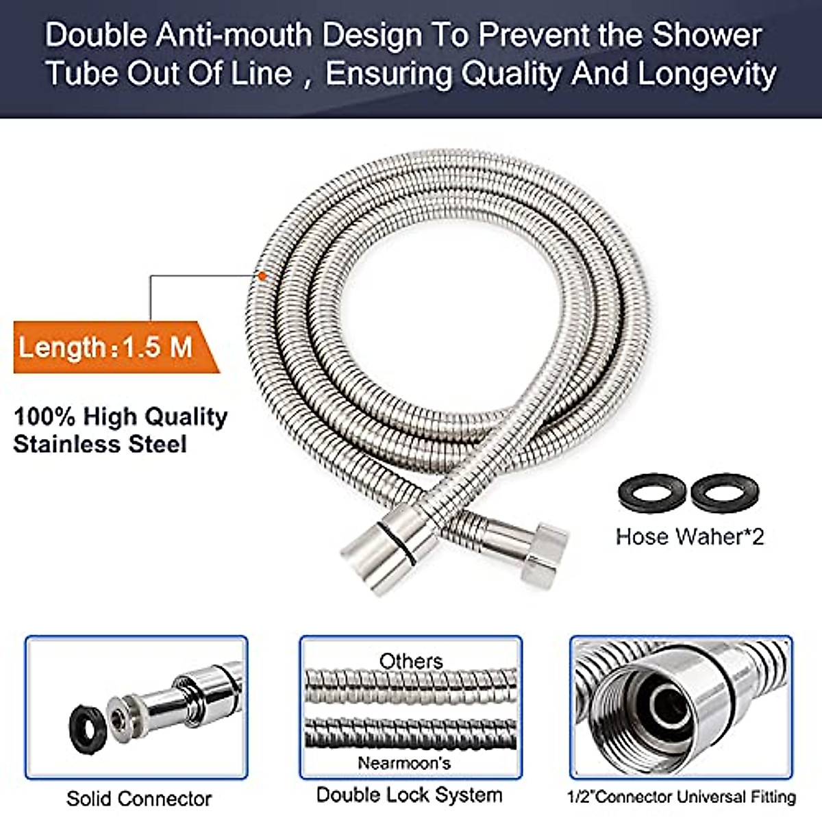 Shower Head with Hose, High-Pressure Stainless Steel 8'' Rain Showerhead and 5 Settings Handheld Shower Spray Combo with Push Button Flow Control for Easy Operation (NearMoon Shower Head Set), Chrome