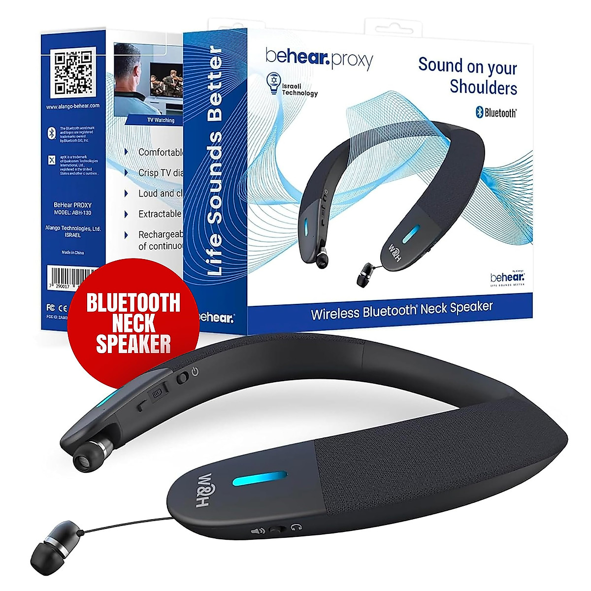 BeHear PROXY: Wireless Bluetooth Neckband Speaker & Retractable Earbuds, TV Hearing Device & Amplifier for Enhanced Audio & Calls, High-Fidelity Sound System for TV Listening & Pocket Talker