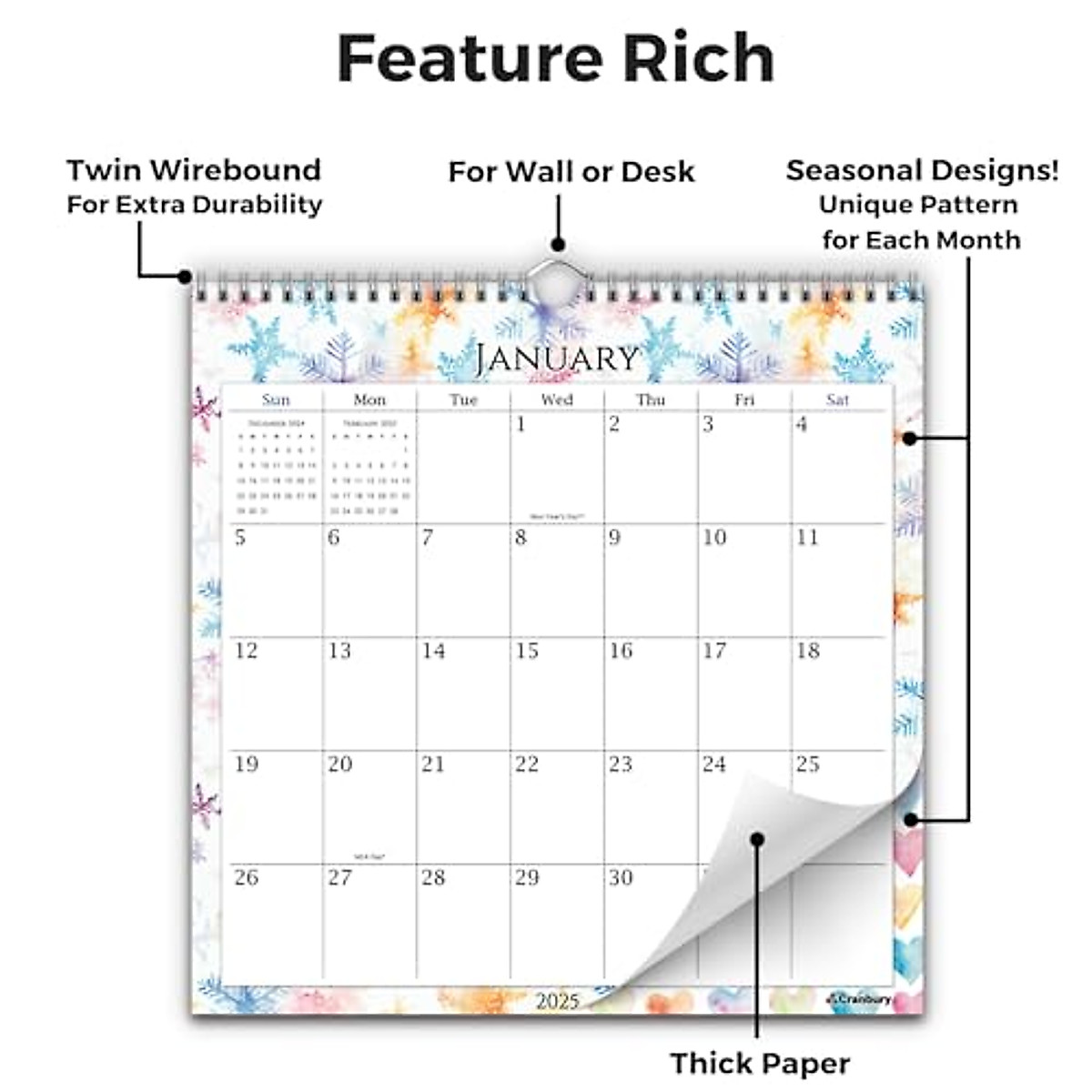 CRANBURY Large 12x12 Wall Calendar 2025 (Seasons), Square Hanging Calendar, Big Grid, Colorful Seasonal Monthly Designs