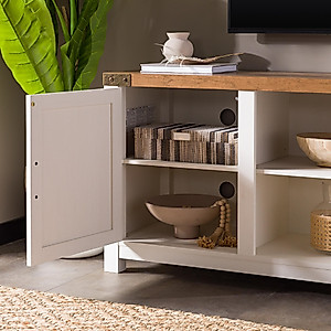 Walker Edison Larae Modern Farmhouse Two-Tone Barn Door Stand for TVs up to 65 Inches, Without Fireplace, Rustic Oak/White