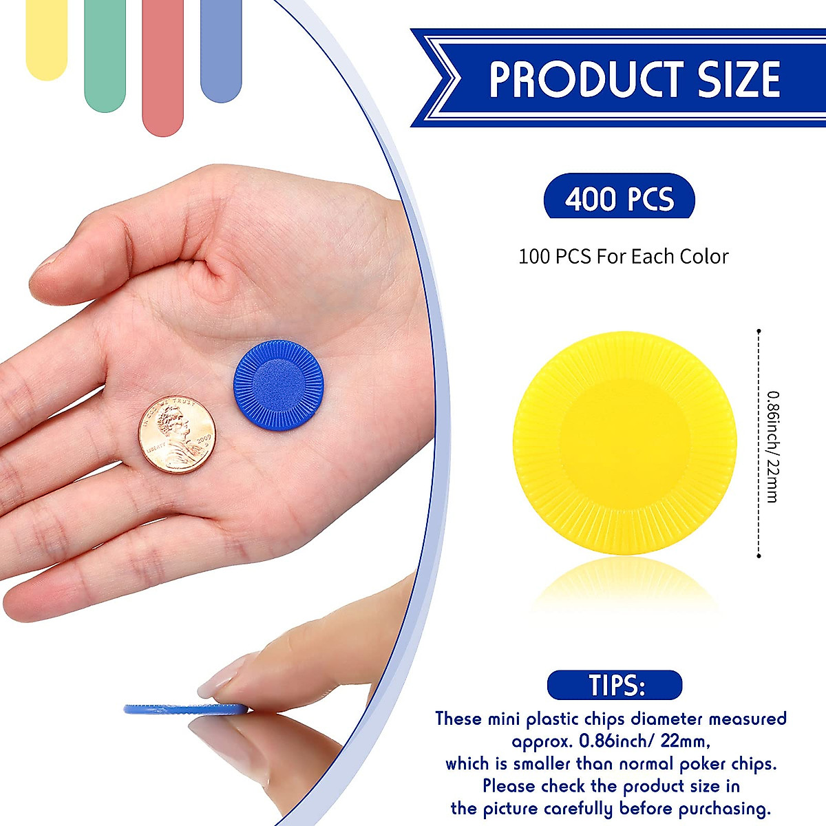 Skylety 400 Pieces Plastic Poker Chips Game Chips 4 Colors Counter Card for Kids Game Playing Learning Math Counting Bingo Game Blank Chips Card for Kids Reward, 0.86 Inch (Red, Blue, Green, Yellow)