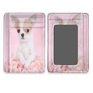 Linomo Thin leather Card Holder and Money Clip Cute Chihuahua Dog Pink Rose Wallet RFID Blocking for Men & Women