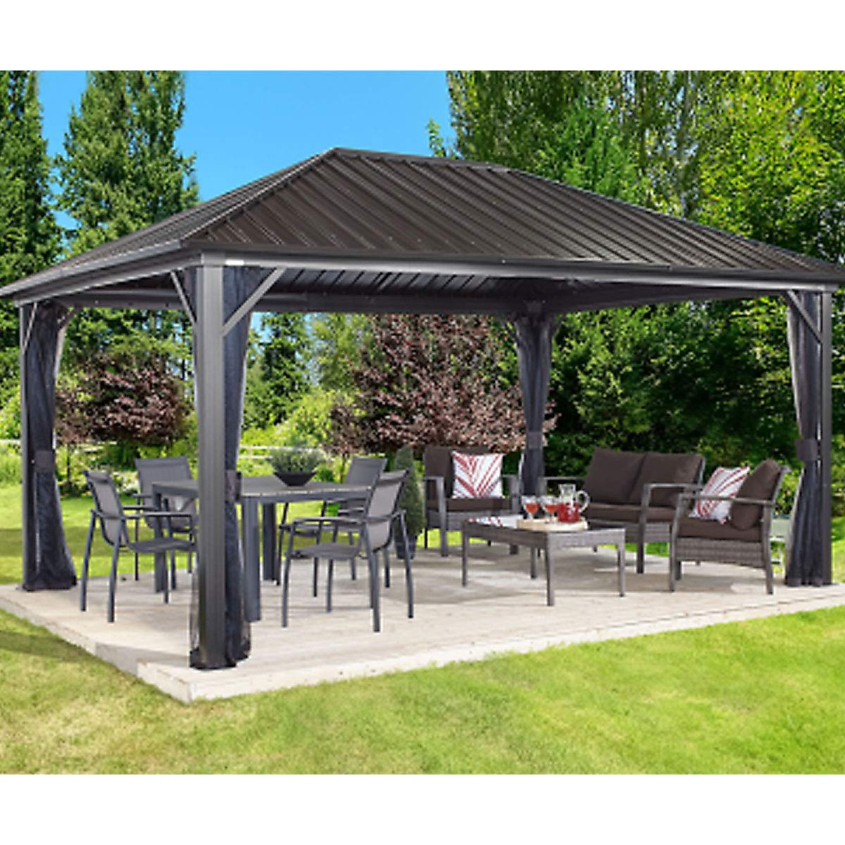 Sojag 12' x 16' Genova II Hardtop Gazebo Outdoor Weather-Resistant Aluminum Frame Shelter with Mosquito Net Black,Brown
