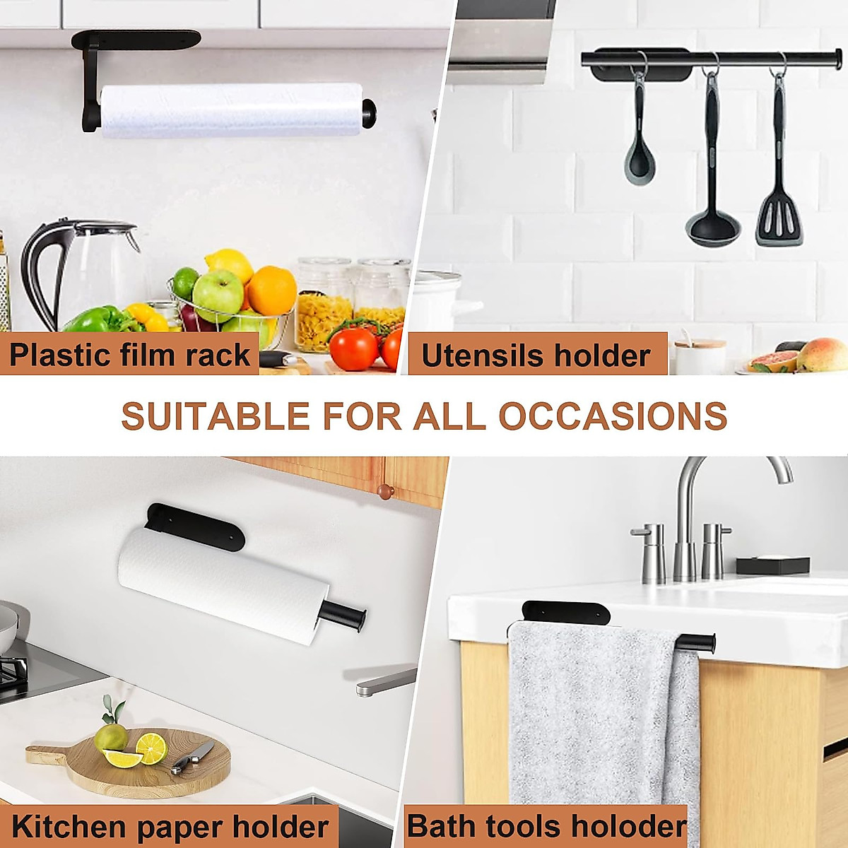 WSZBDY Paper Towel Holder and Wall Hook Set, Wall Mount Paper Roll Holder and Towel Hooks, Self-Adhesive Under Cabinet, Both Available in Adhesive and Screws, for Kitchen and Bathroom