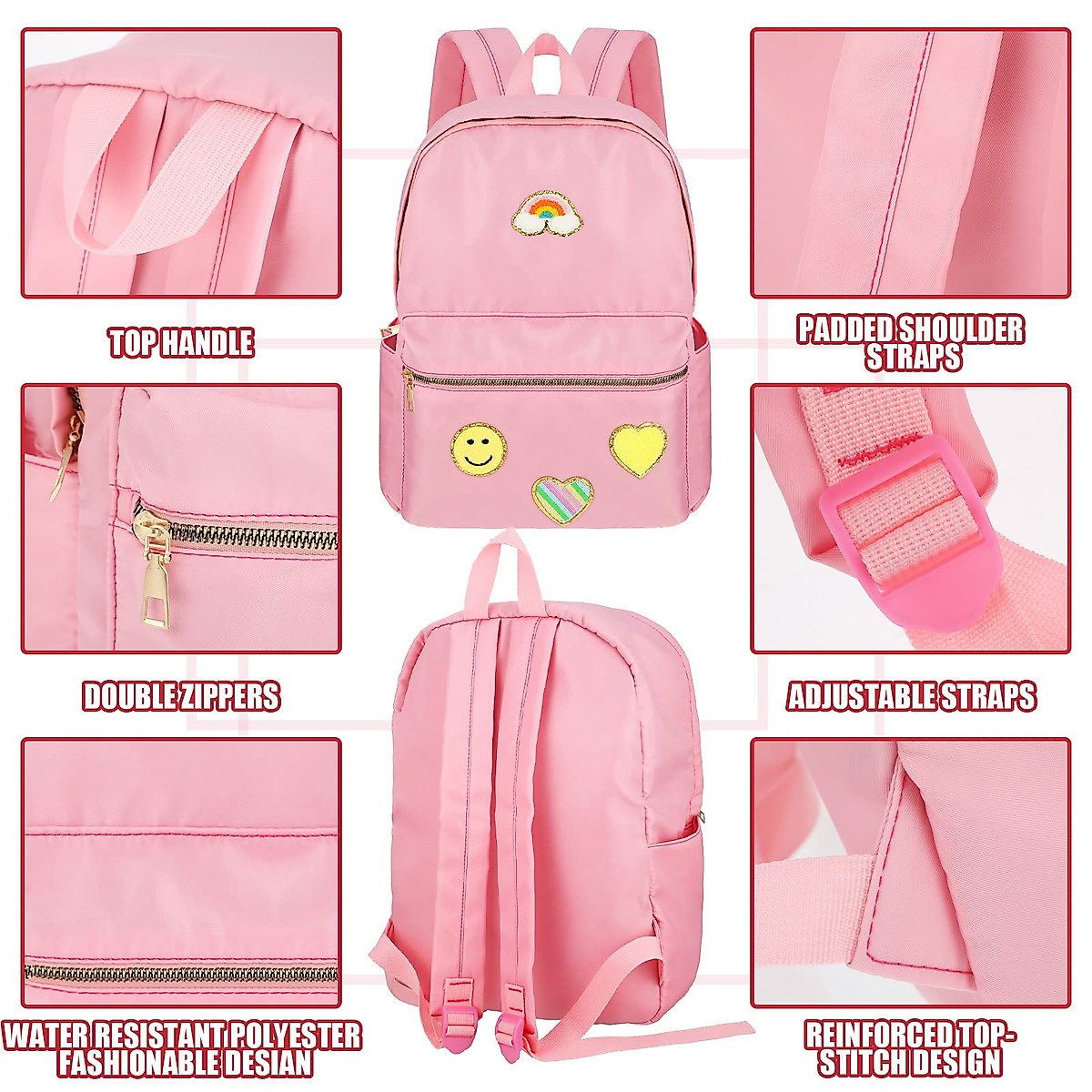 Pink Lightweight Backpack Preppy Patches Nylon Backpack Rainbow Heart Smile Waterproof Travel Bag Pack for Girls and Students Back to School